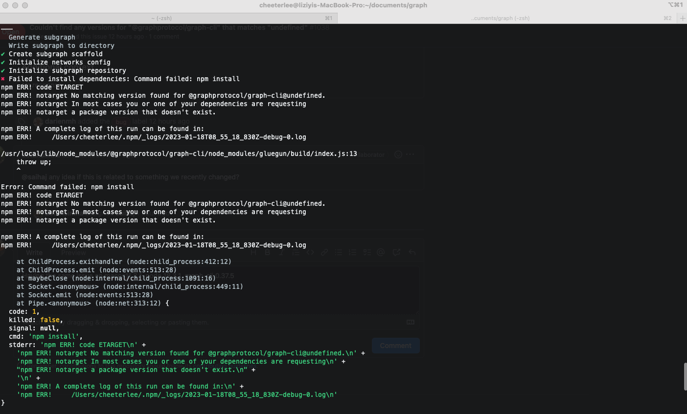 Couldn't find any versions for "@graphprotocol/graph-cli" that matches "undefined" · Issue #1038 ...