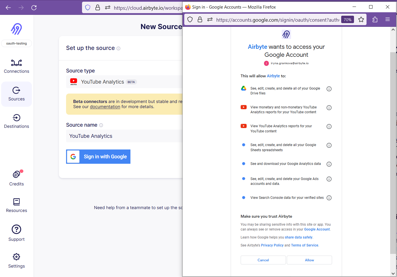Source YouTube Analytics: create a new production OAuth application · Issue #22315 · airbytehq ...
