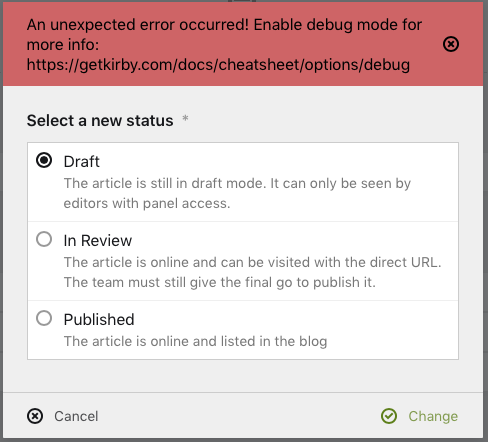 Changing status of page from Published to In Review or Draft throws an unexpected error · Issue ...