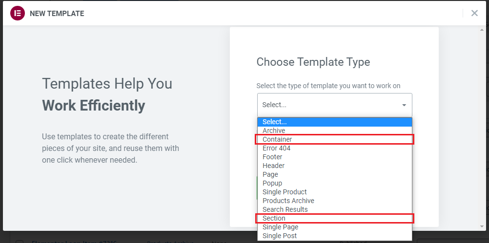 ⛔ 🐞 Bug Report Theme Builder Choose Template Type Dialog Shows Both Section And Container