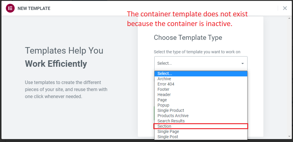 ⛔ 🐞 Bug Report: Theme Builder - Choose Template Type dialog shows both Section and Container ...