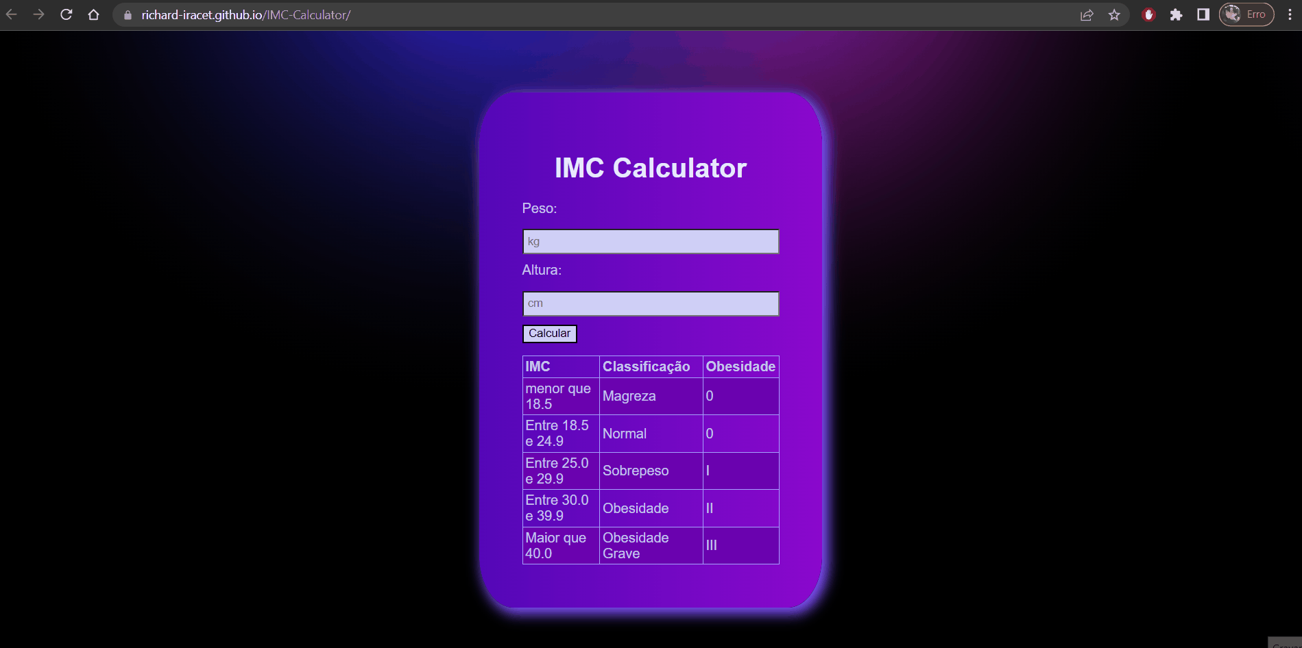 Github Richard Iracetimc Calculator Calcula O Índice De Massa Corporal Utilizando Html Css