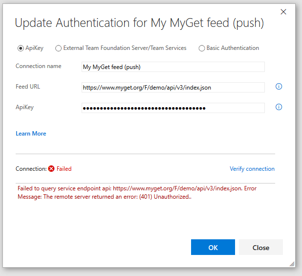 [NuGet Push] Cannot configure NuGet Service endpoint using ApiKey for ...