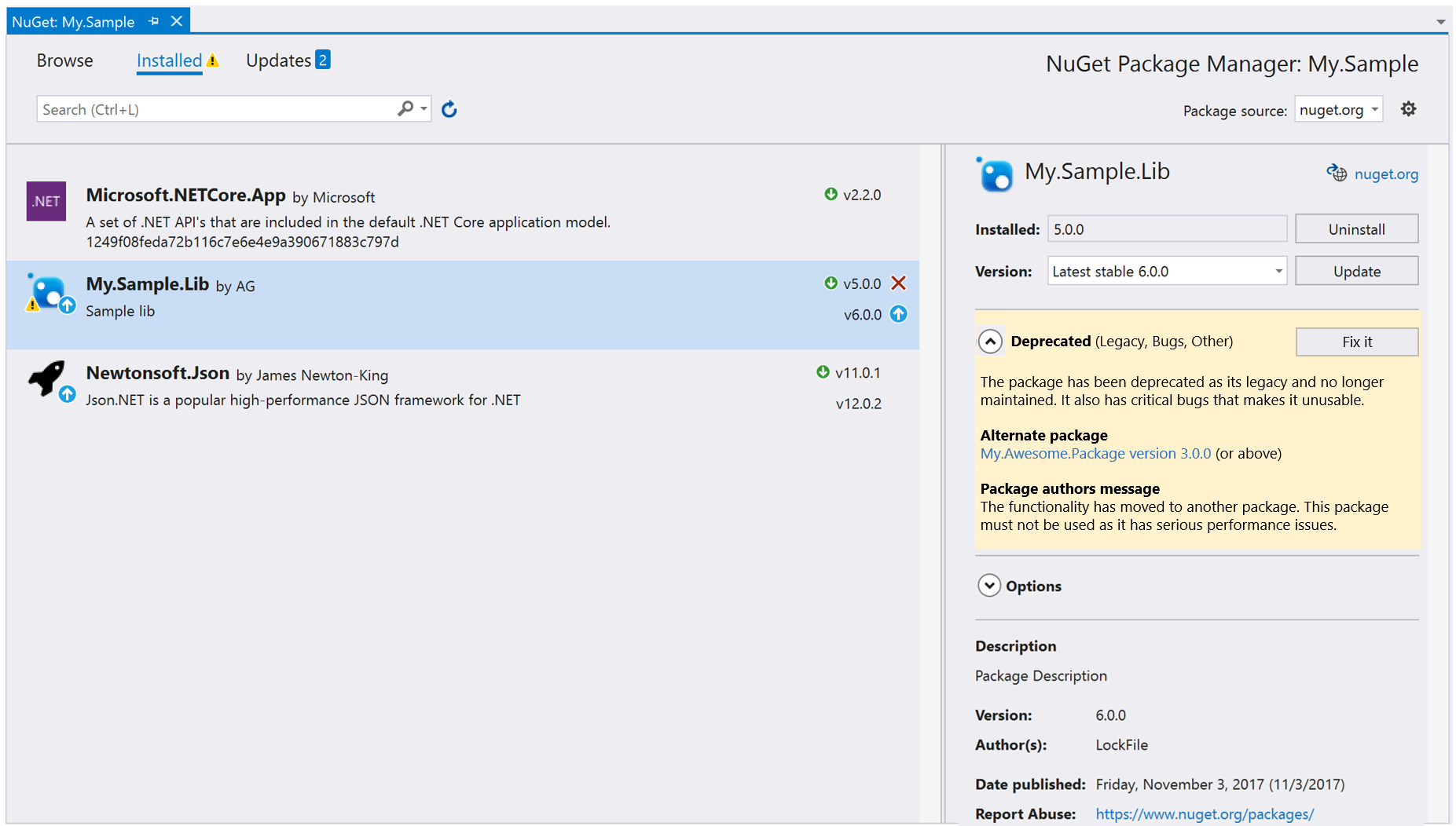Show warning icons on PMUI Installed tab for deprecated packages · Issue #8277 · NuGet/Home · GitHub