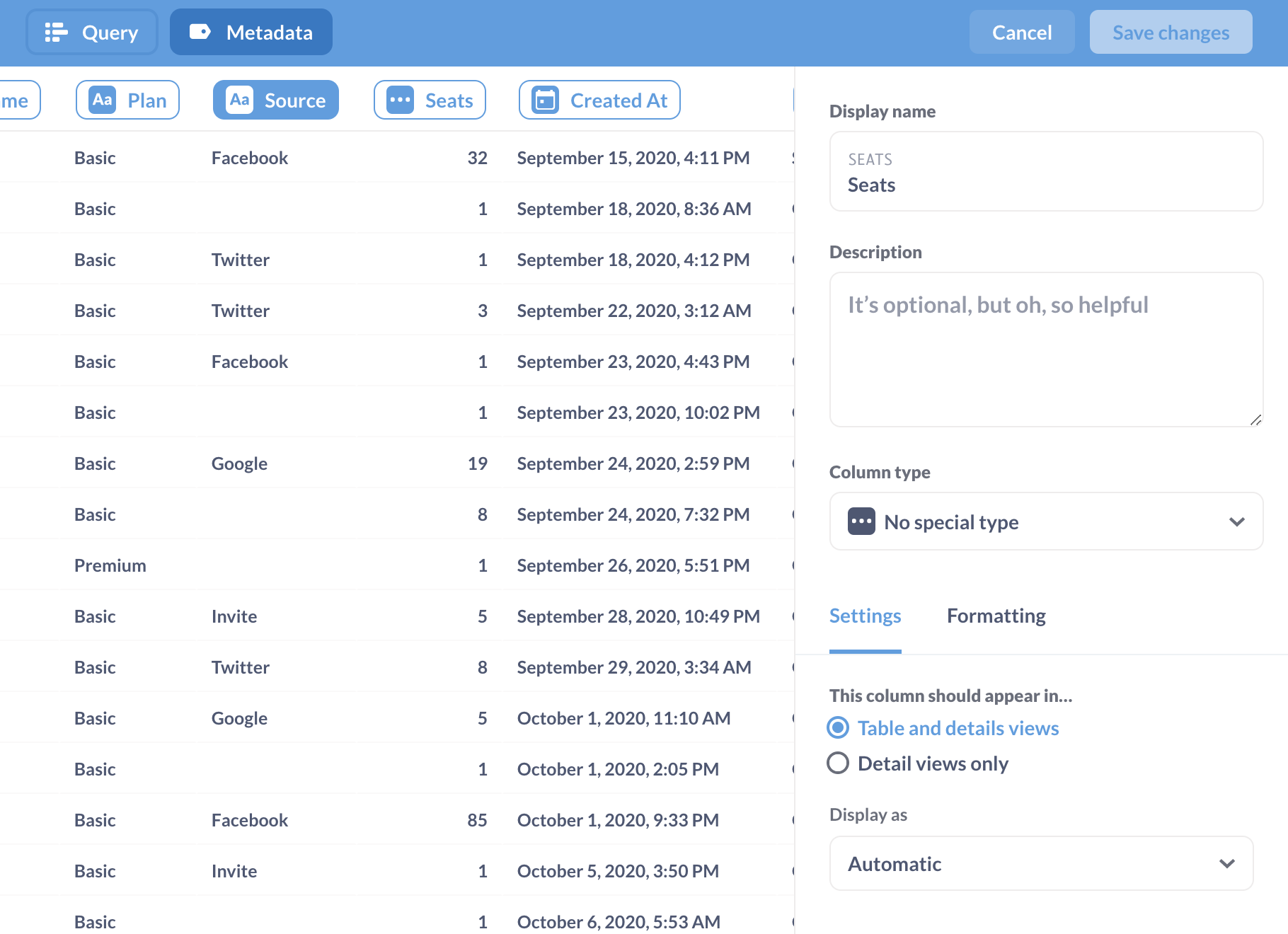 Wrong field highlighted when editing model metadata if custom column added to left of column ...