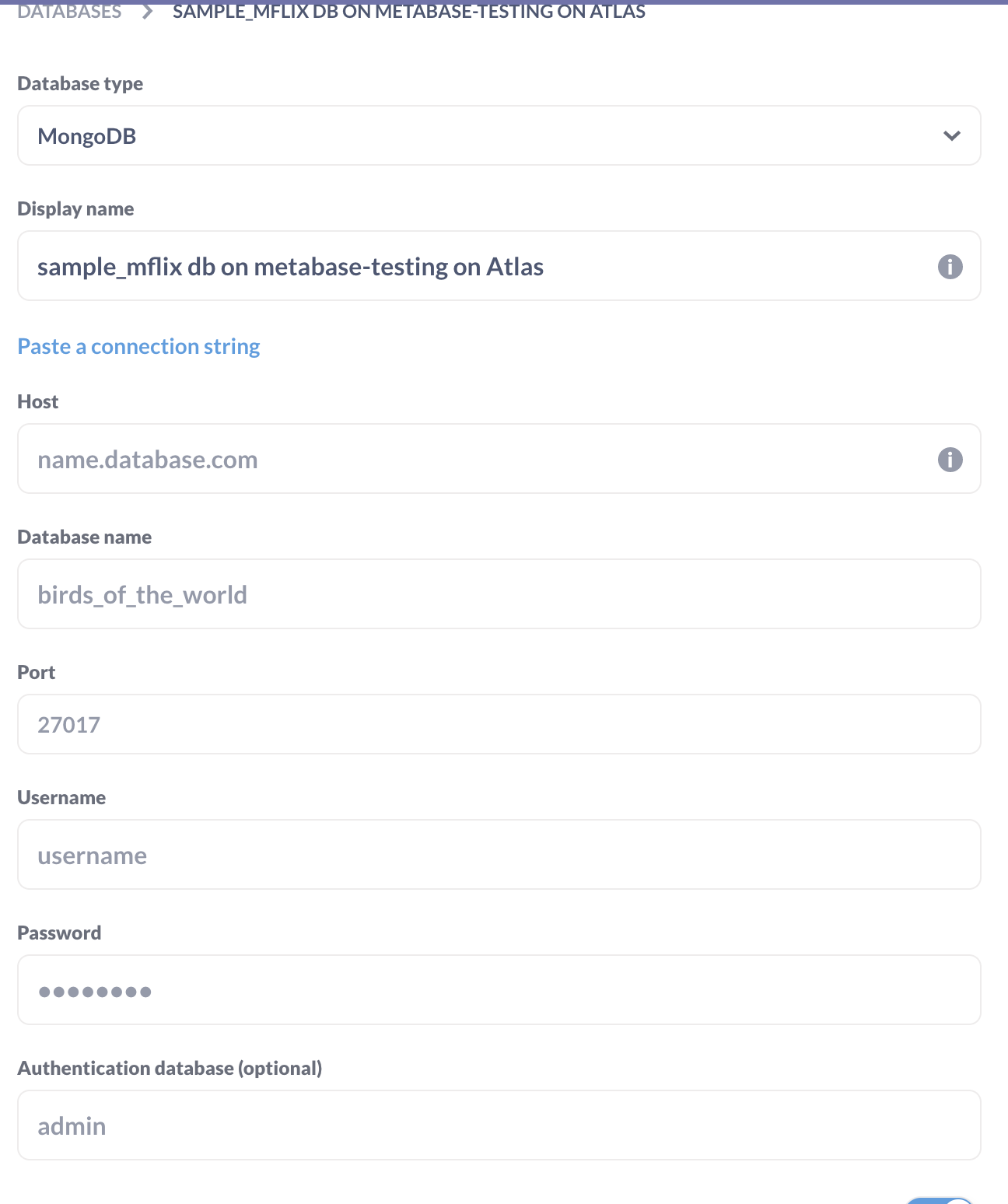 Admin > Databases > select DB for MongoDB databases does not show previously entered ...