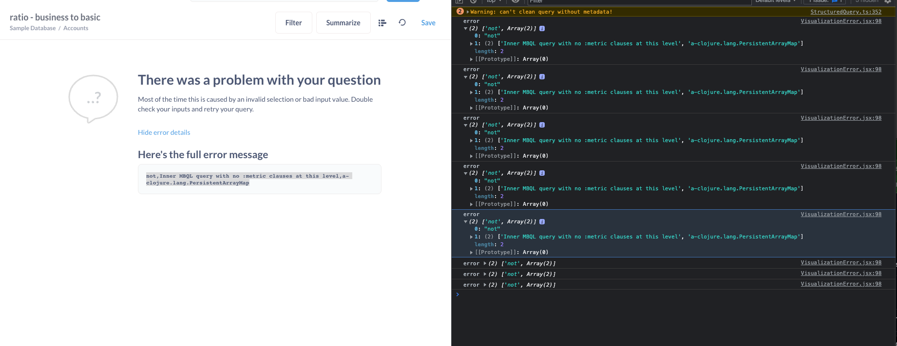 Metric created by dividing two other Metrics breaks Question · Issue #30574 · metabase/metabase ...