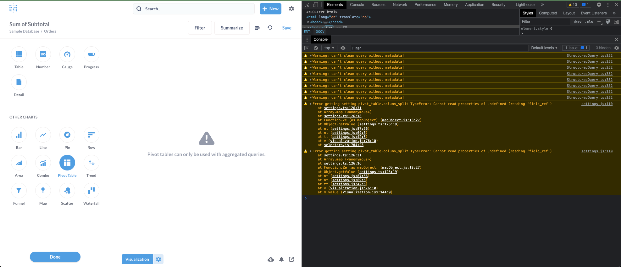Question breaks after trying to create pivot table and edit on aggregated results that are not ...