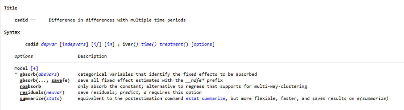 Stata help file is mainly reghdfe help file · Issue #20 · friosavila/csdid_drdid · GitHub