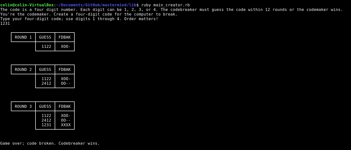 GitHub - chayre/mastermind: Mastermind game created in Ruby