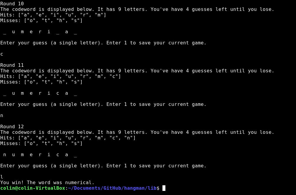 GitHub - chayre/hangman: Command-line hangman created with Ruby