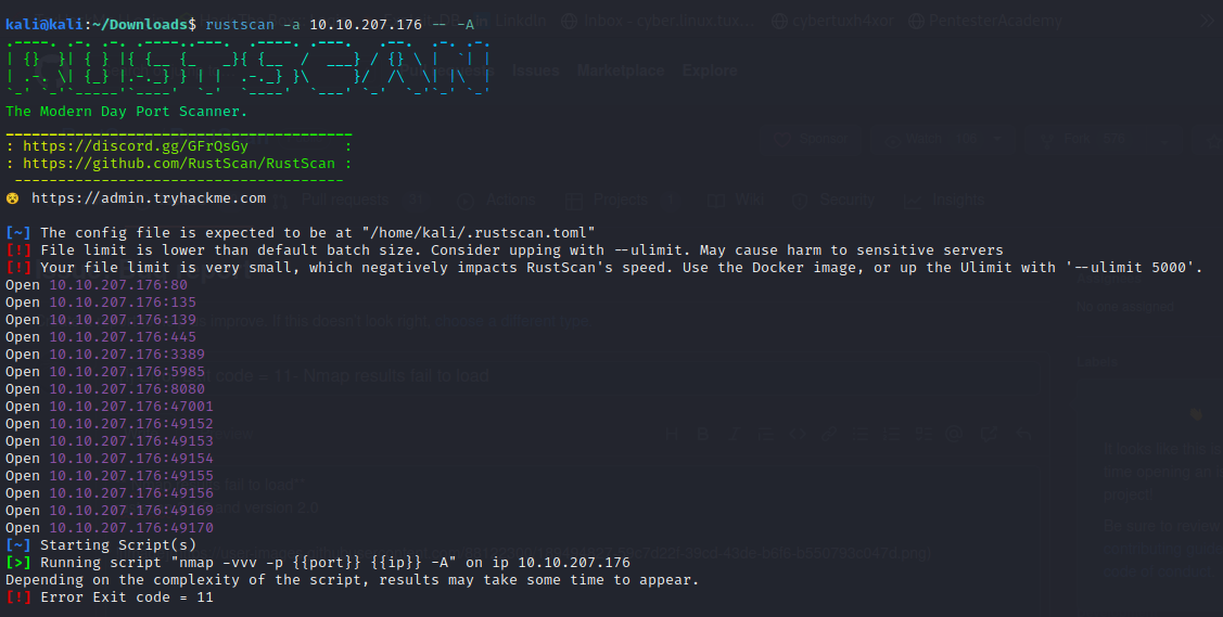 Error Exit code = 11- Nmap results fail to load results · Issue #454 · bee-san/RustScan · GitHub