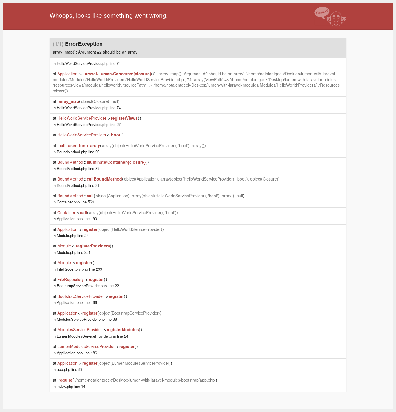 Working with Lumen and Laravel Modules, but I have no success. Details ...