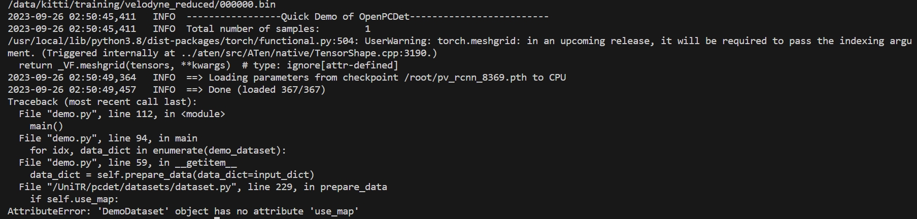 demo.py 'DemoDataset' object has no attribute 'use_map' · Issue #1466 · open-mmlab/OpenPCDet ...