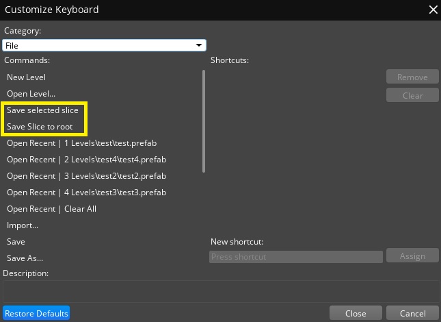 The Customize Keyboard settings contain two slice-related commands ...