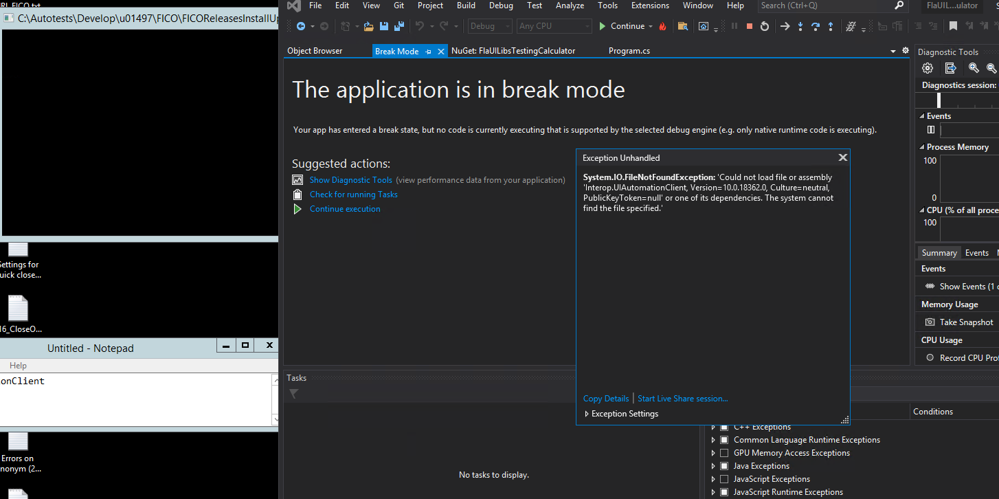 System.IO.FileNotFoundException: 'Could not load file or assembly 'Interop.UIAutomationClient ...