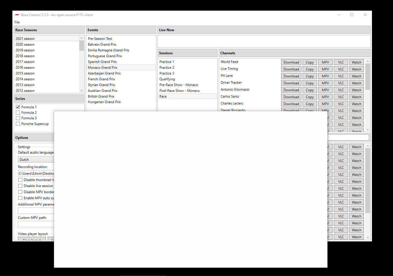 [BUG] Can't open streams in the internal player. · Issue #197 · robvdpol/RaceControl · GitHub