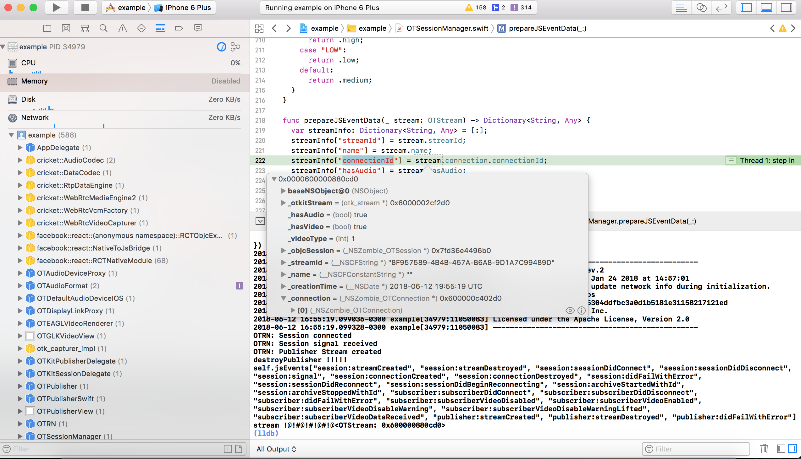 EXC_BAD_ACCESS: Attempted to dereference garbage pointer 0x47d6cbec8. · Issue #94 · opentok ...