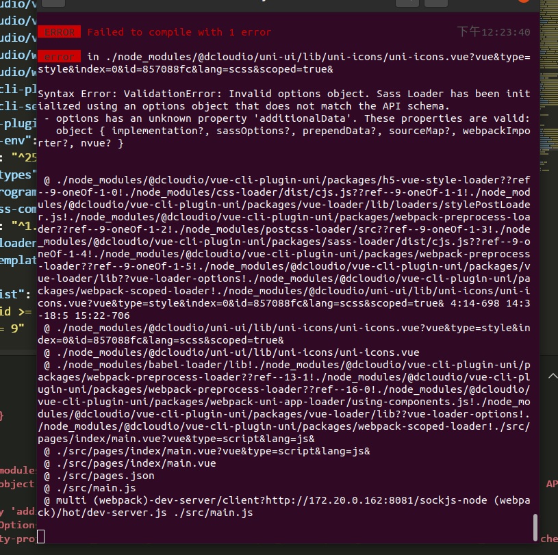 Sass Loader has been initialised using an options object that does not match the API schema ...