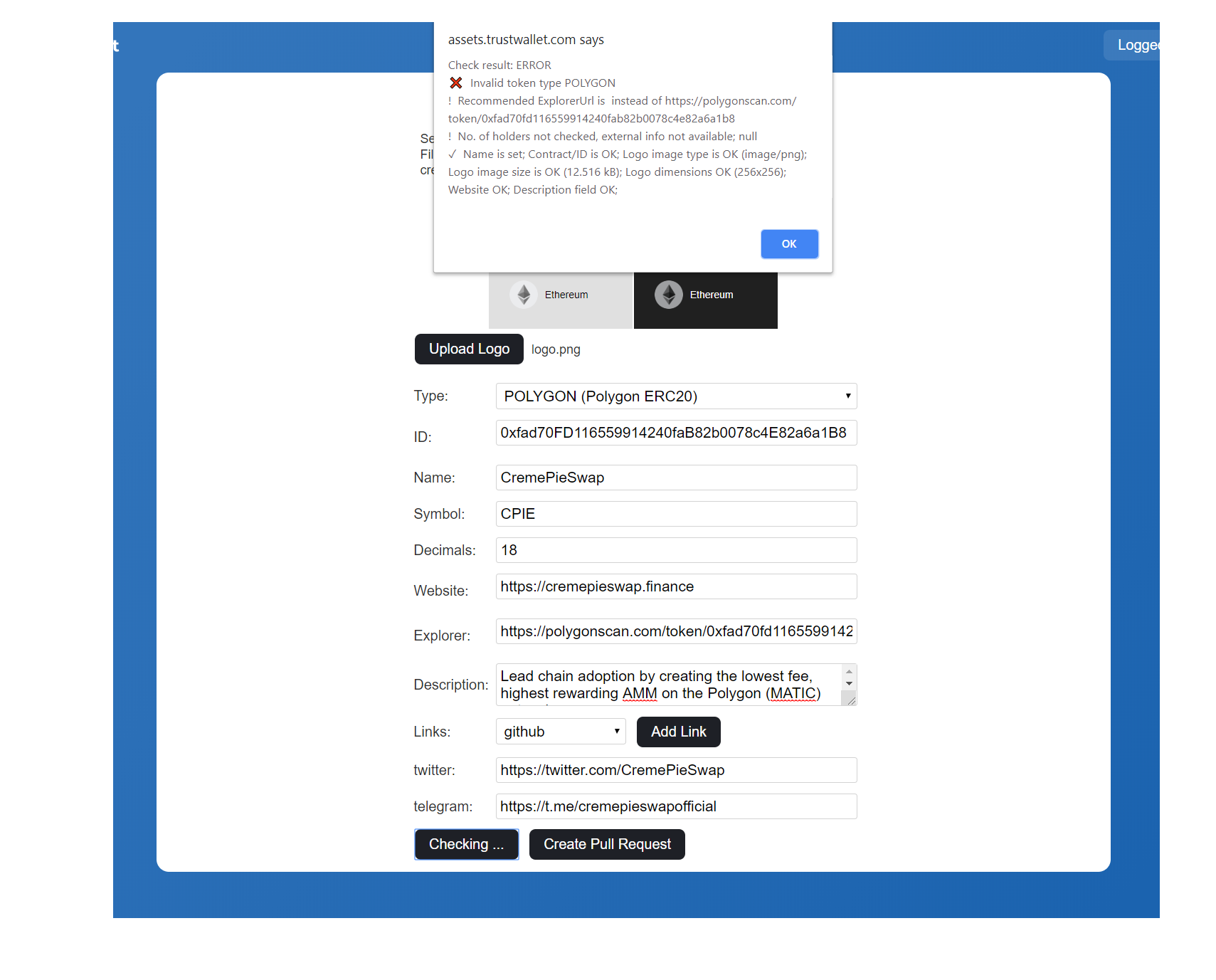 Can Not Create A Pull Request To Add Token On Polygon Network To Trust
