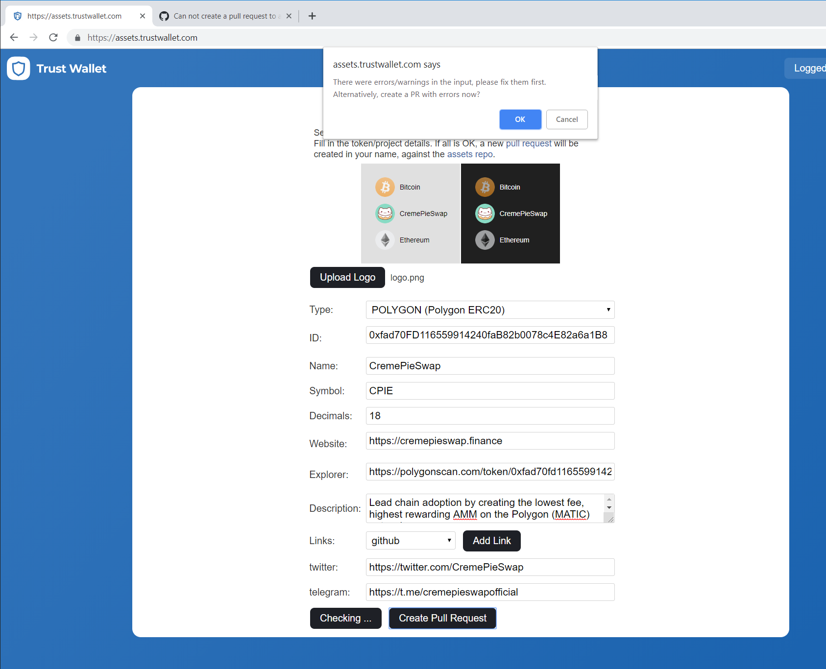 Can not create a pull request to add token on Polygon Network to Trust Wallet · Issue #12573 ...