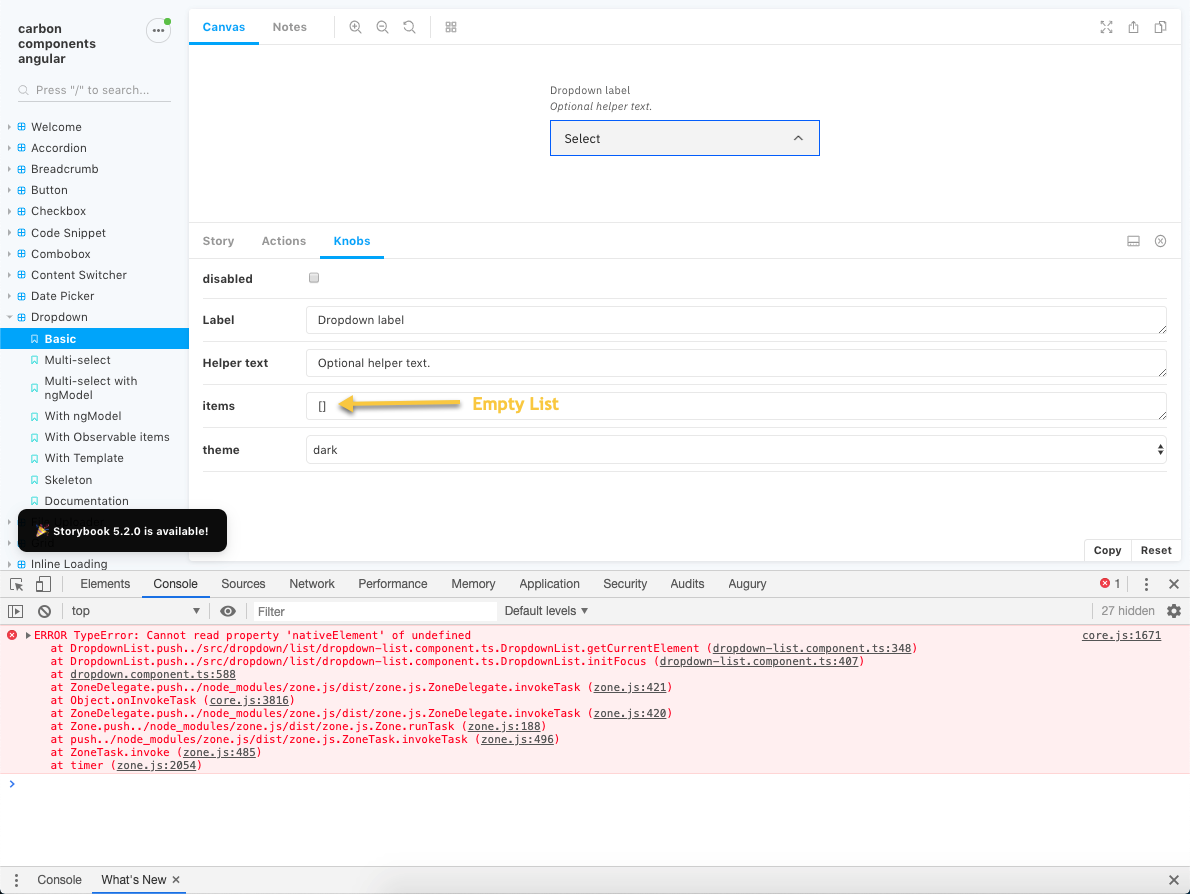 Dropdown Throws An Error When The List Of Items Is Empty · Issue 771 · Carbon Design System