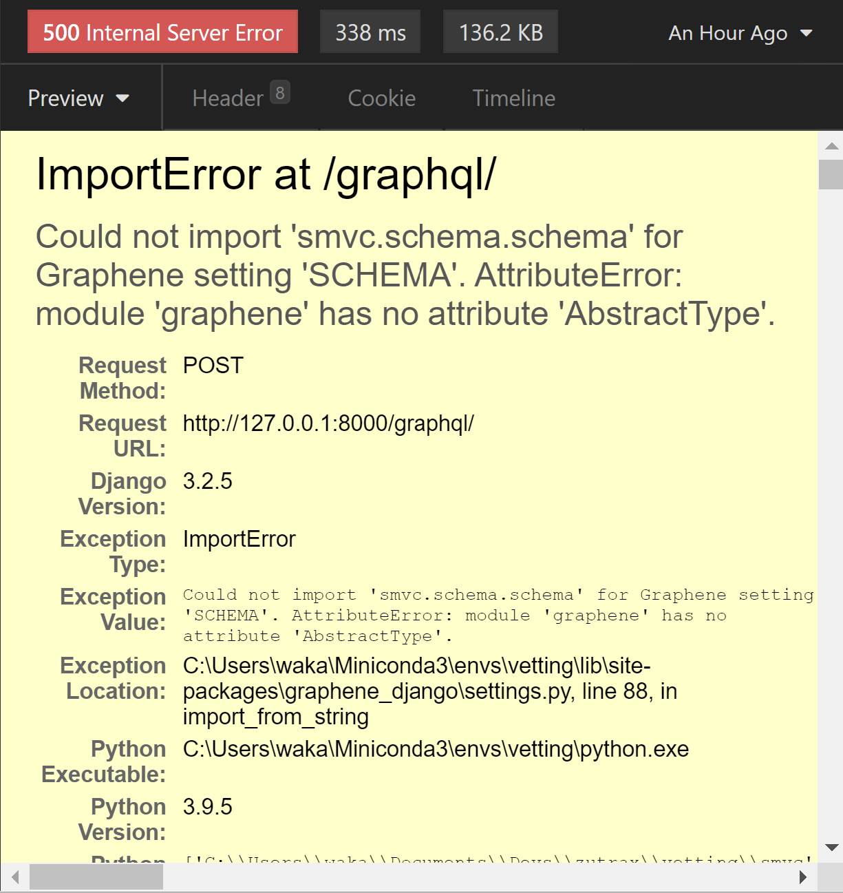 Could not import 'smvc.schema.schema' for Graphene setting 'SCHEMA'. AttributeError: module ...