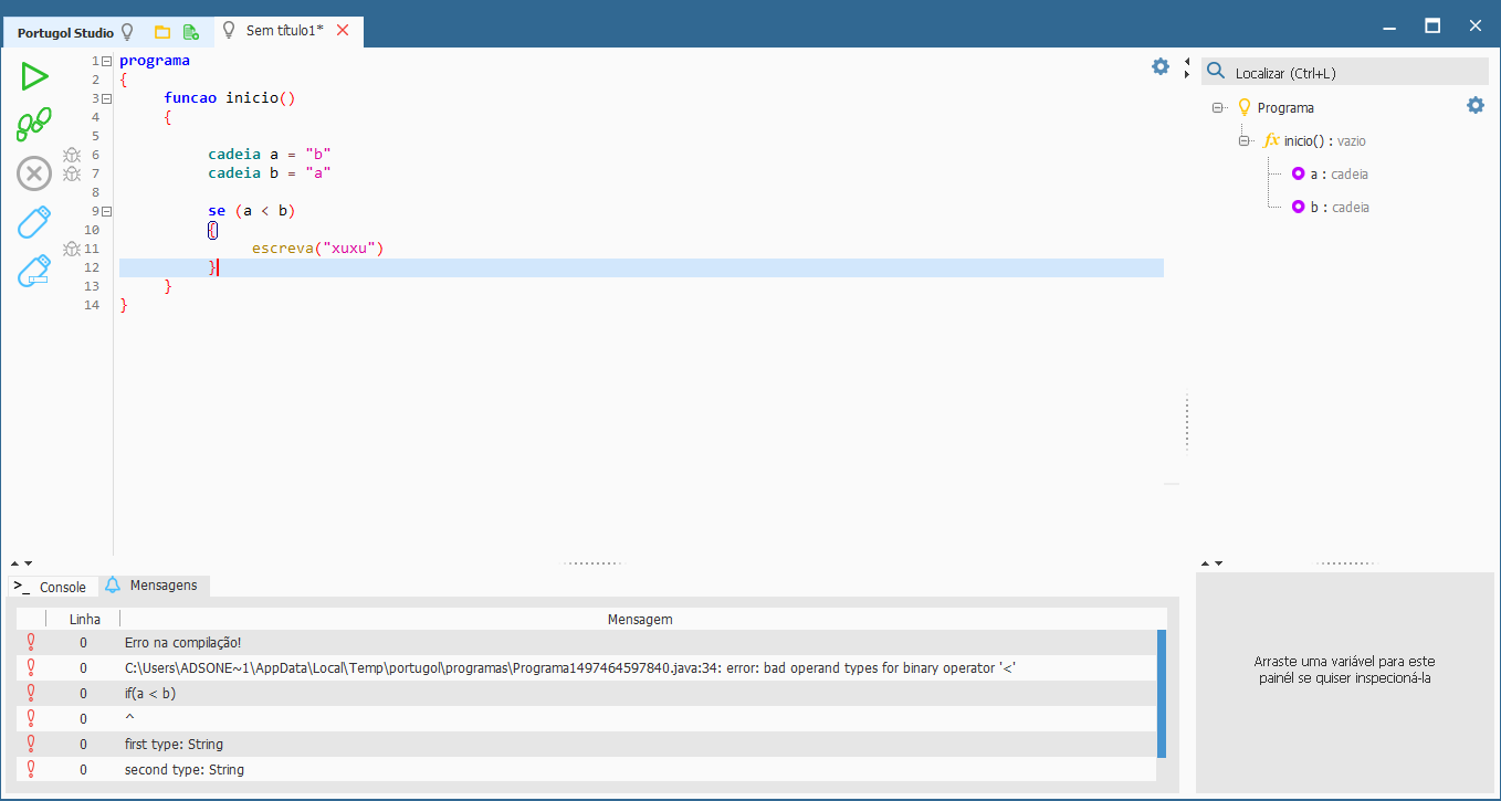 É "permitido" comparar Strings com "maior e menor", causando um erro de ...