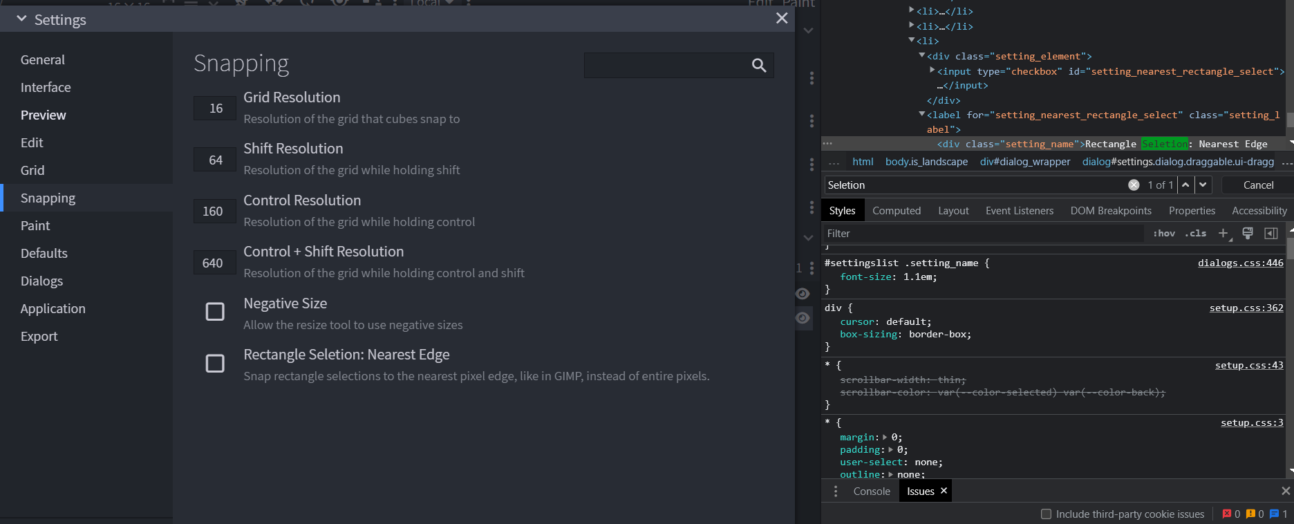 Issue Preferences Settings Snapping Rectangle Seletion Misspelled · Issue 1626 5402