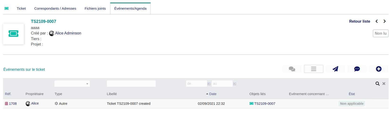 Implement the view "message" found into ticket in "Event/Agenda" tab into tab "Event/Agenda" for ...