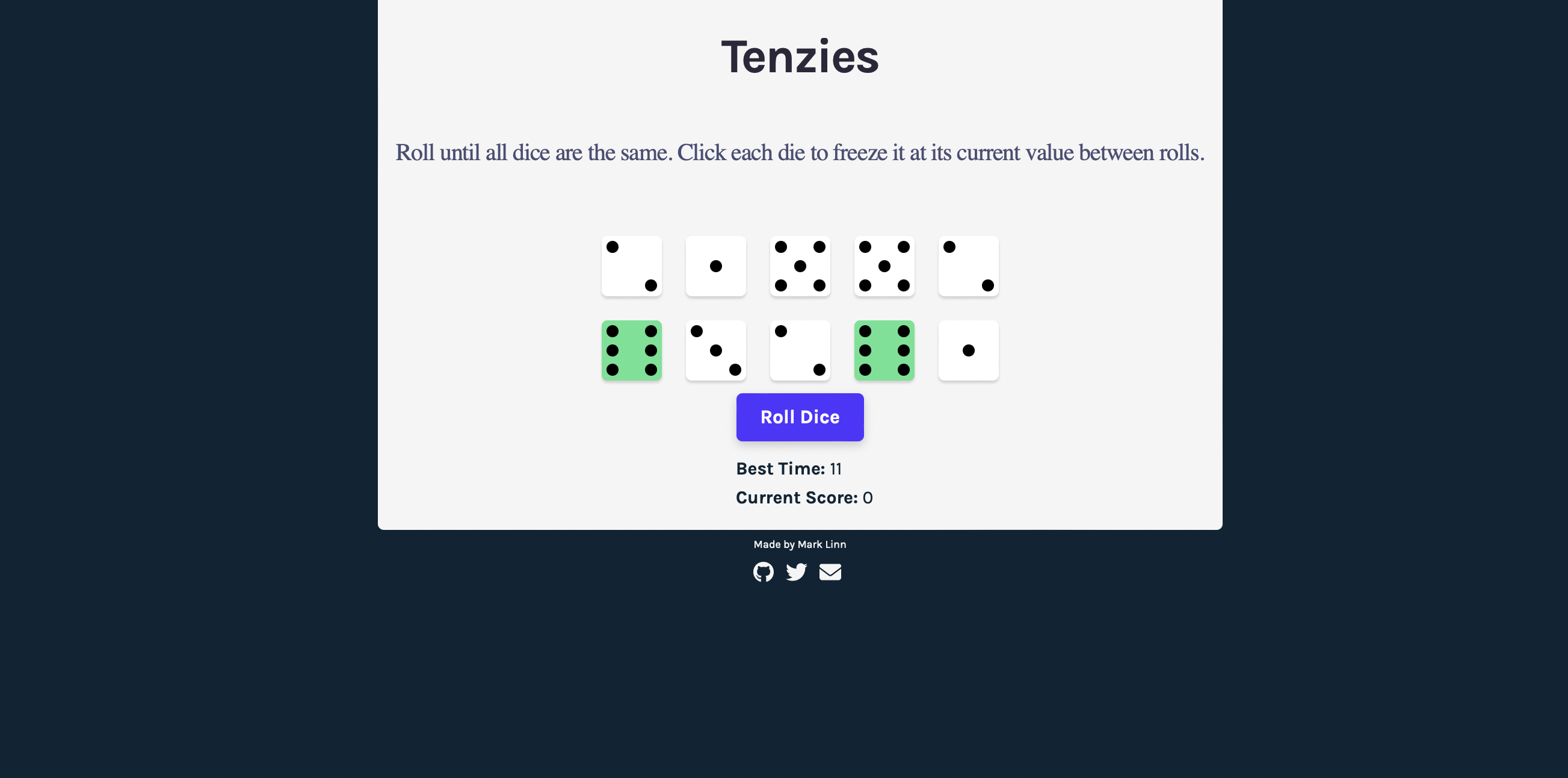GitHub - marktlinn/tenziesReact: Simple games of Tenzies built to practice using React