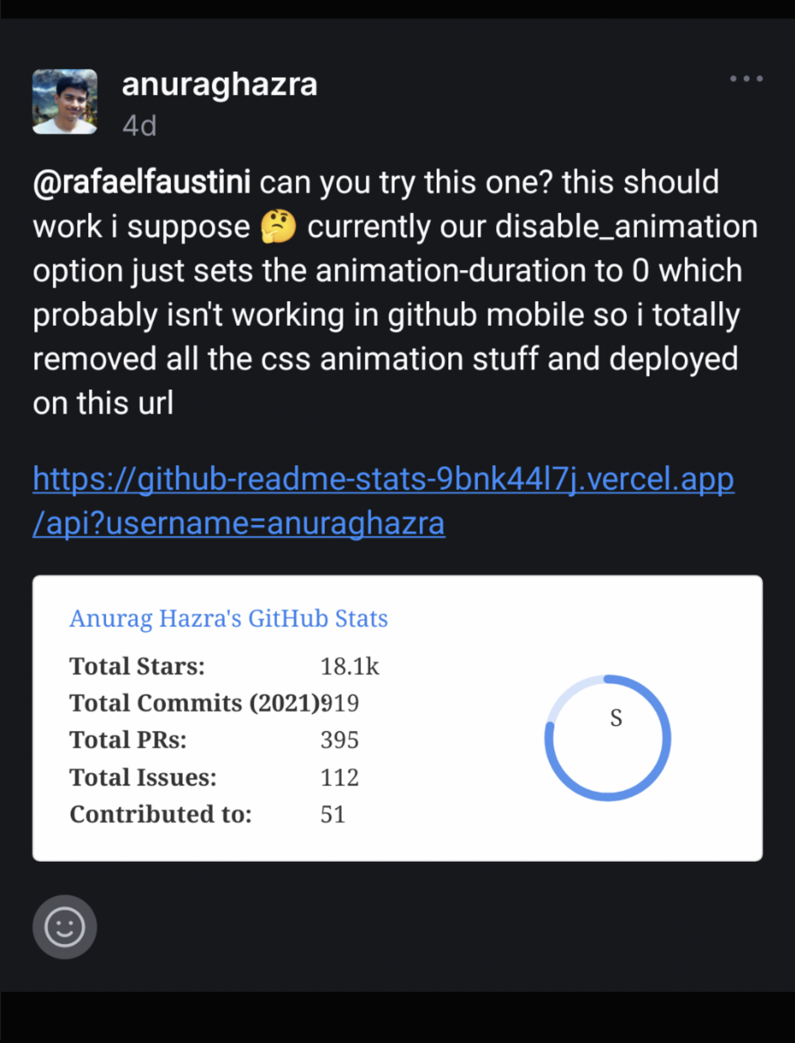 Stats rendering bug on mobile · Issue #776 · anuraghazra/github-readme-stats · GitHub