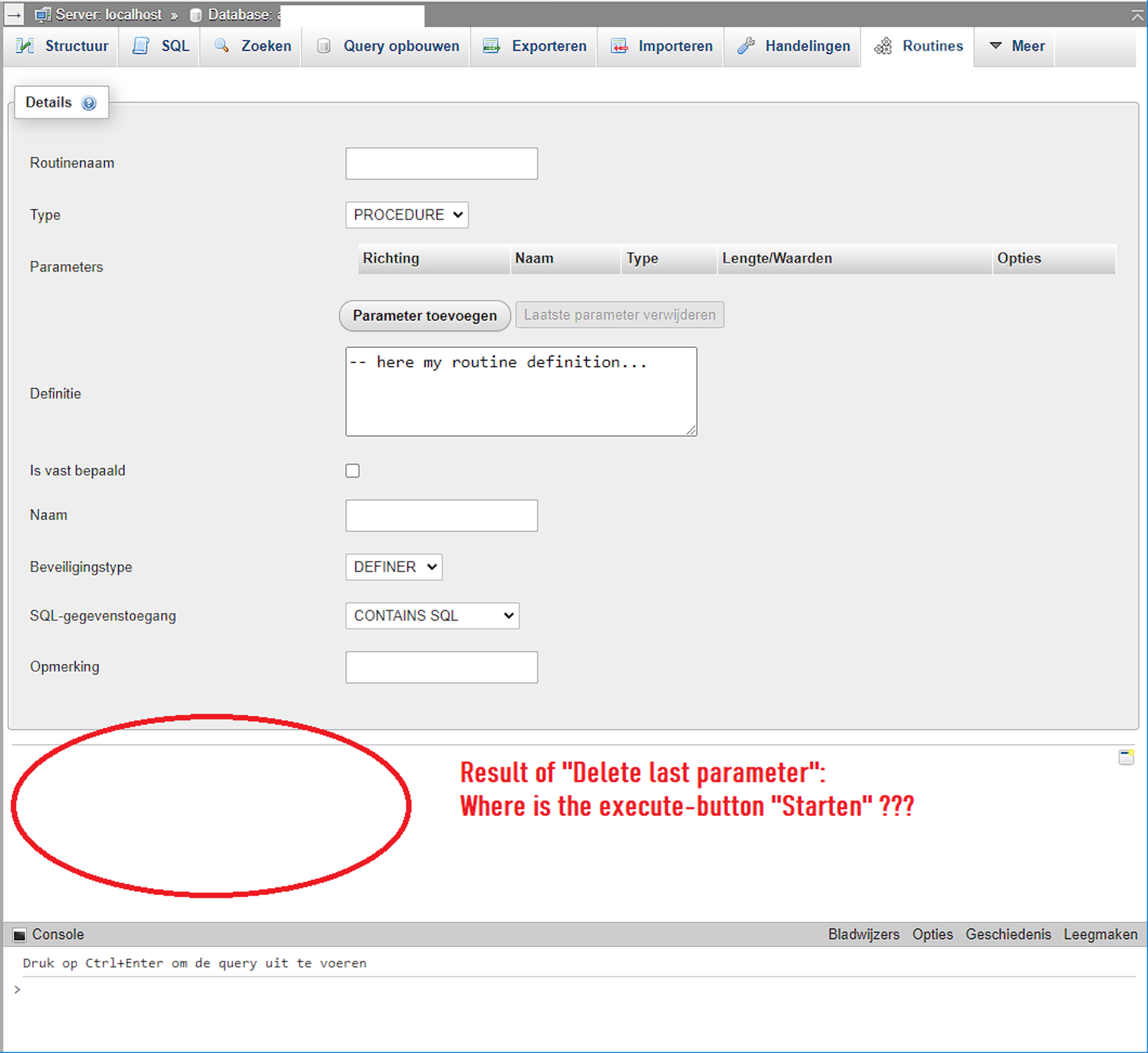 Execute button disappears on creating new PROCEDURE when removing last input parameter on ...