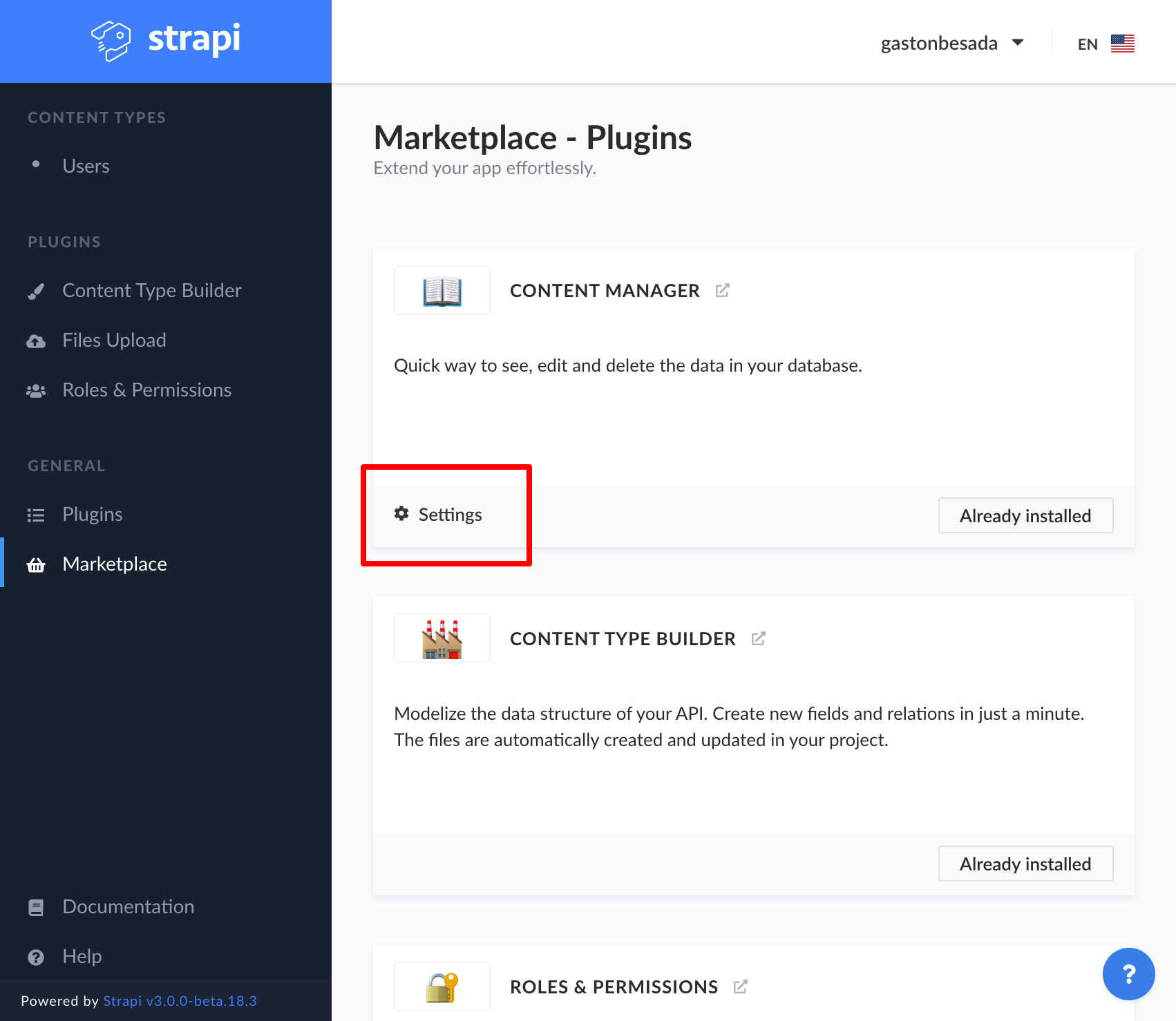Content manager plugin - Getting error when trying access to settings ...