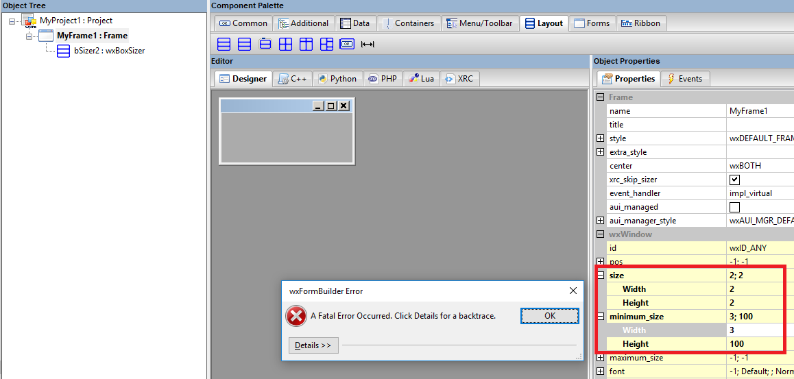 Crash when change the wxWindow.size.Width · Issue #369 · wxFormBuilder/wxFormBuilder · GitHub