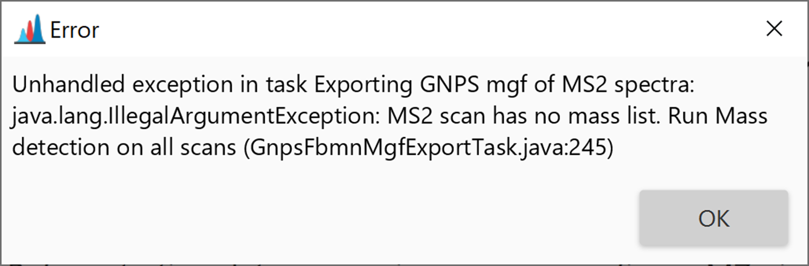 Error when exporting MGF of MS2 spectra when using rt range in mass detection module · Issue ...