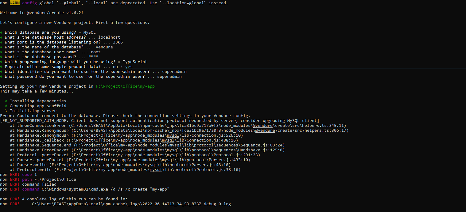 Getting Error While Creating Project · Issue #1626 · vendure-ecommerce/vendure · GitHub