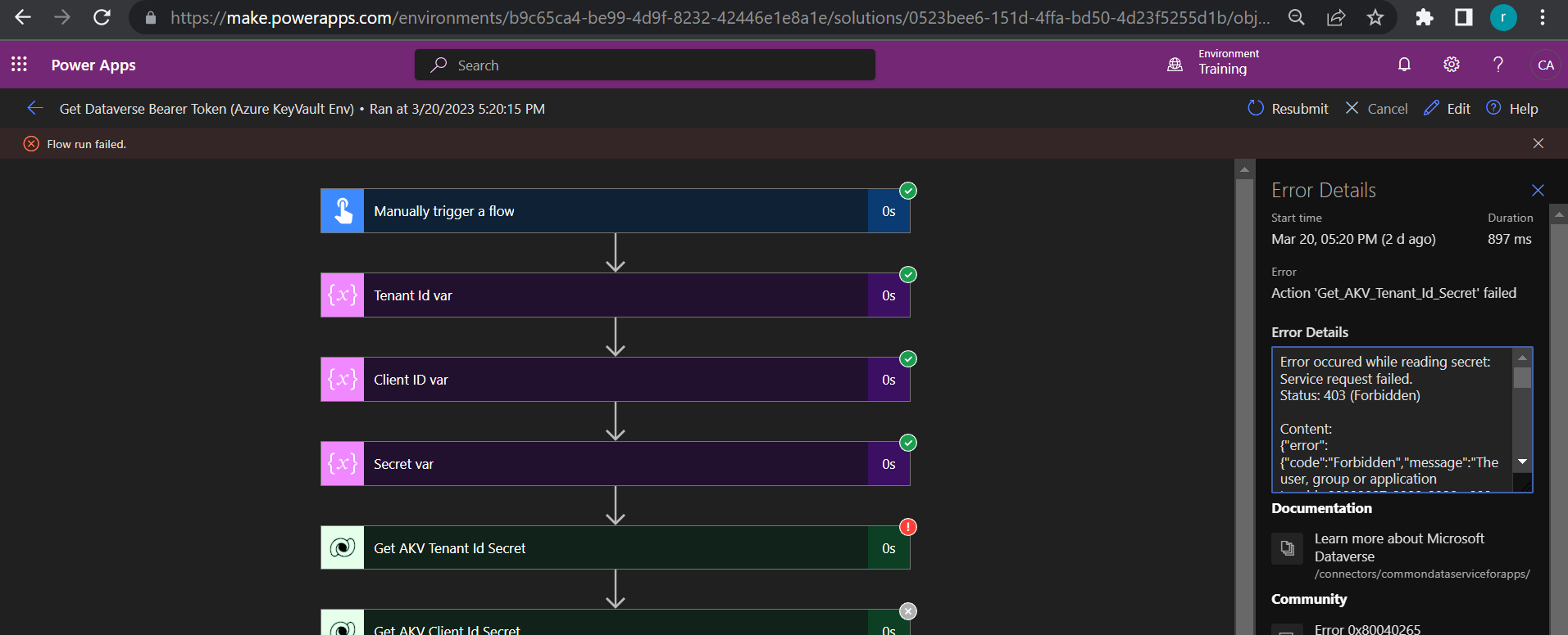 [Automation - BUG] Error occurred while reading secret: Service request failed from cloud flow ...