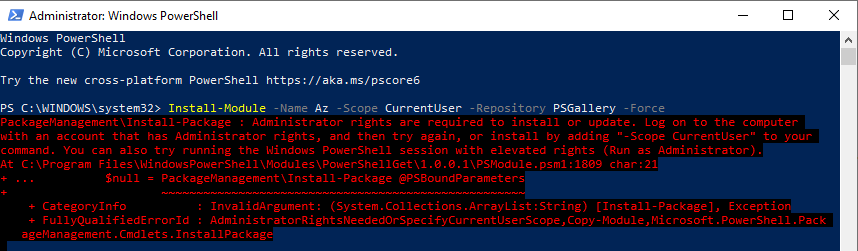 Install fails and recommends --scope CurrentUser although already ...