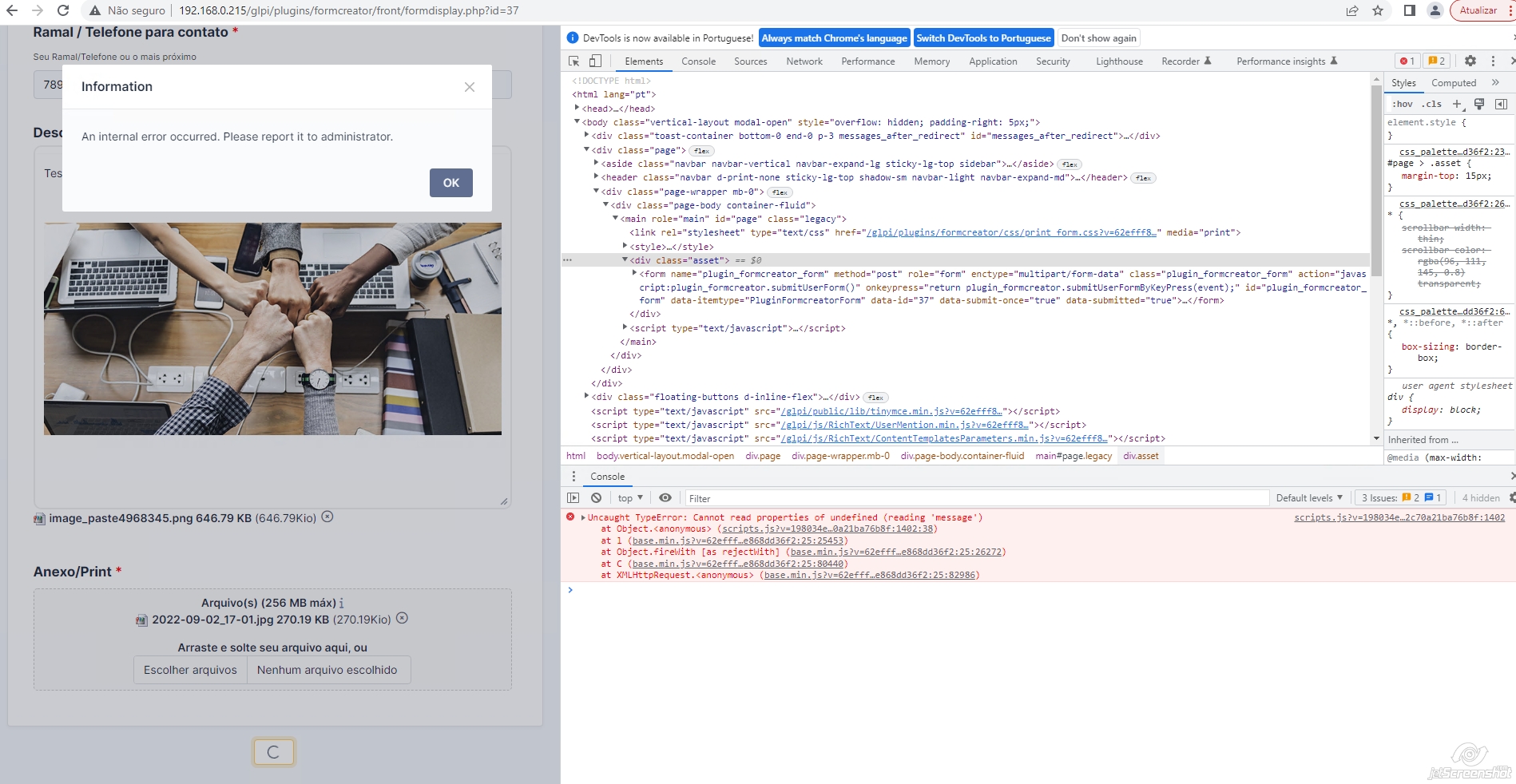 Form crashes when clicking submit, but ticket opens · Issue #3035 · pluginsGLPI/formcreator · GitHub