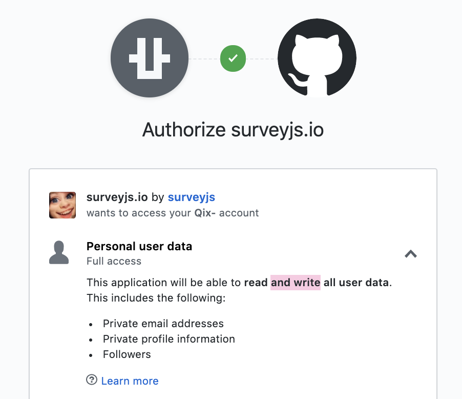 Why Does Surveyjs Need Full Readwrite Access To The Personal Information On My Github Account