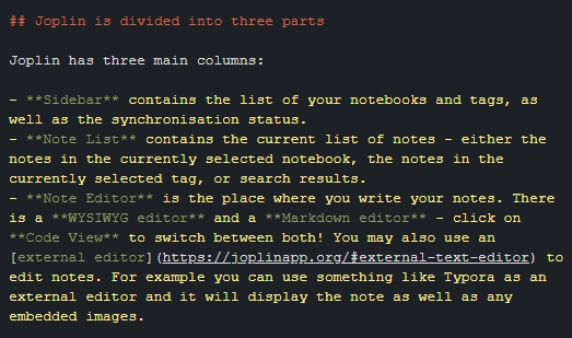 Markdown syntax highlighting in the code view with the Dark theme ...