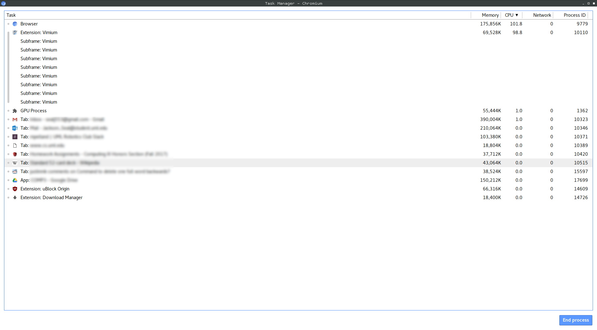 Very high CPU usage after a while · Issue #2861 · philc/vimium · GitHub