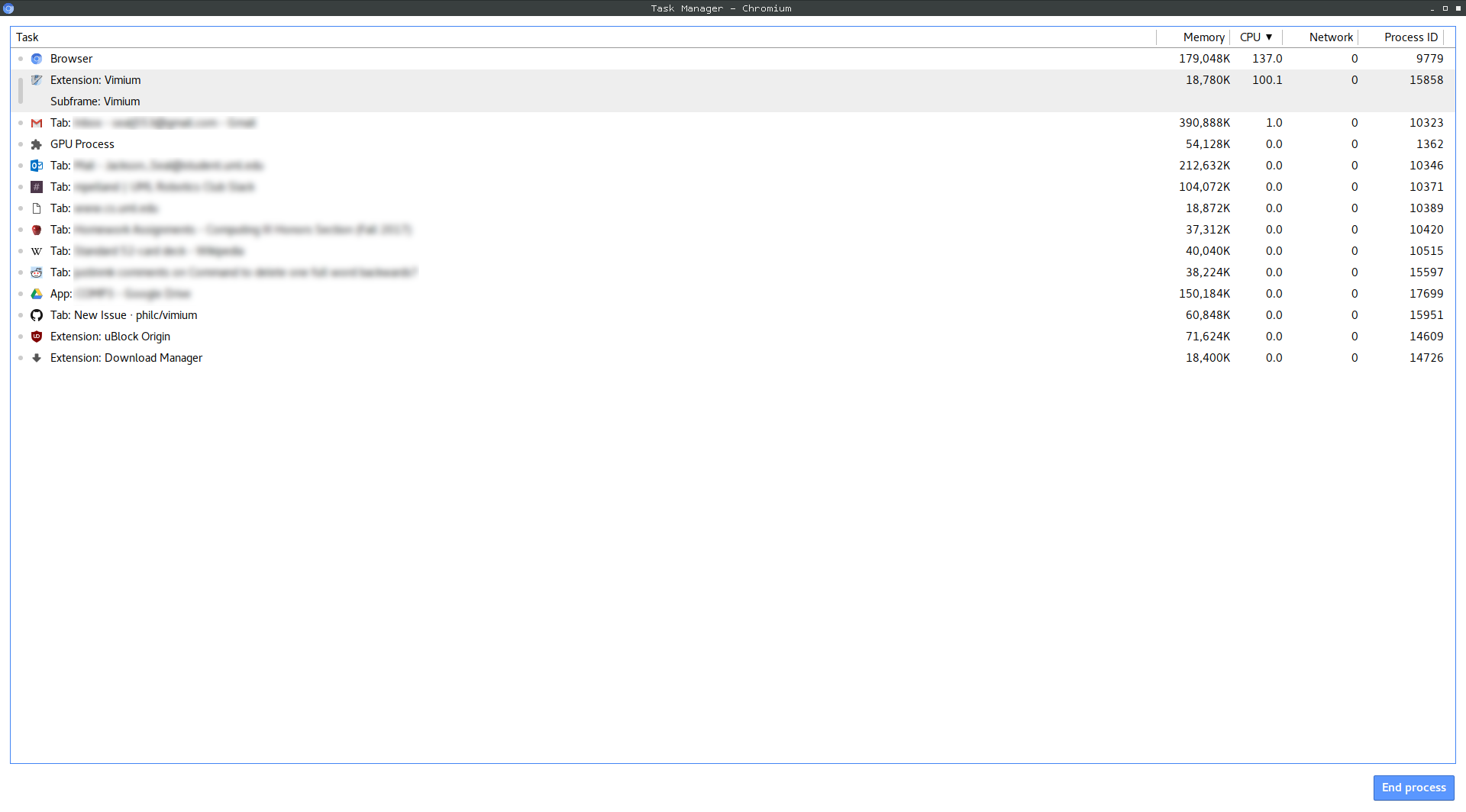Very high CPU usage after a while · Issue #2861 · philc/vimium · GitHub