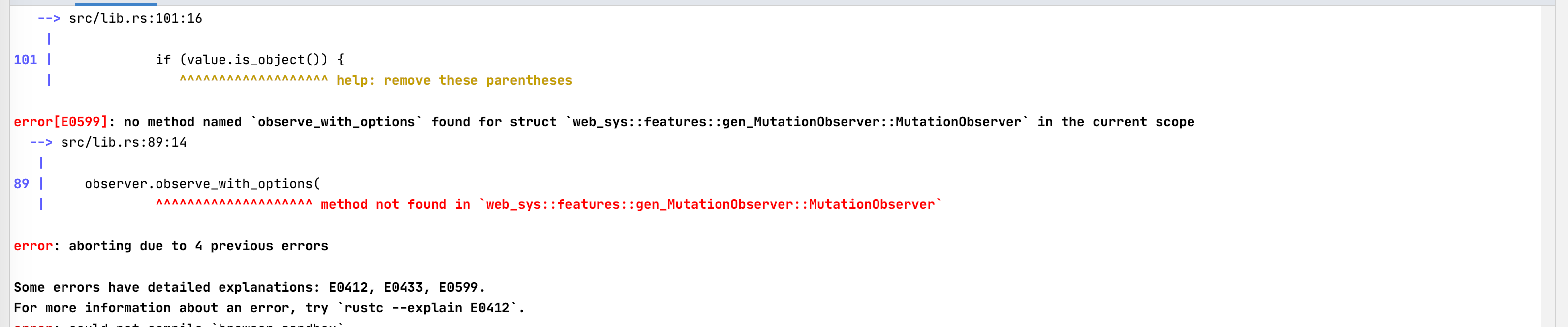 Method not found `observe_with_options` in `web_sys::features::gen_MutationObserver ...