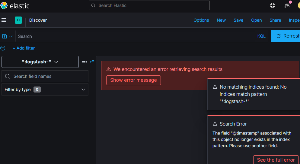Kibana errors : "the field associated with this object no longer exists ...