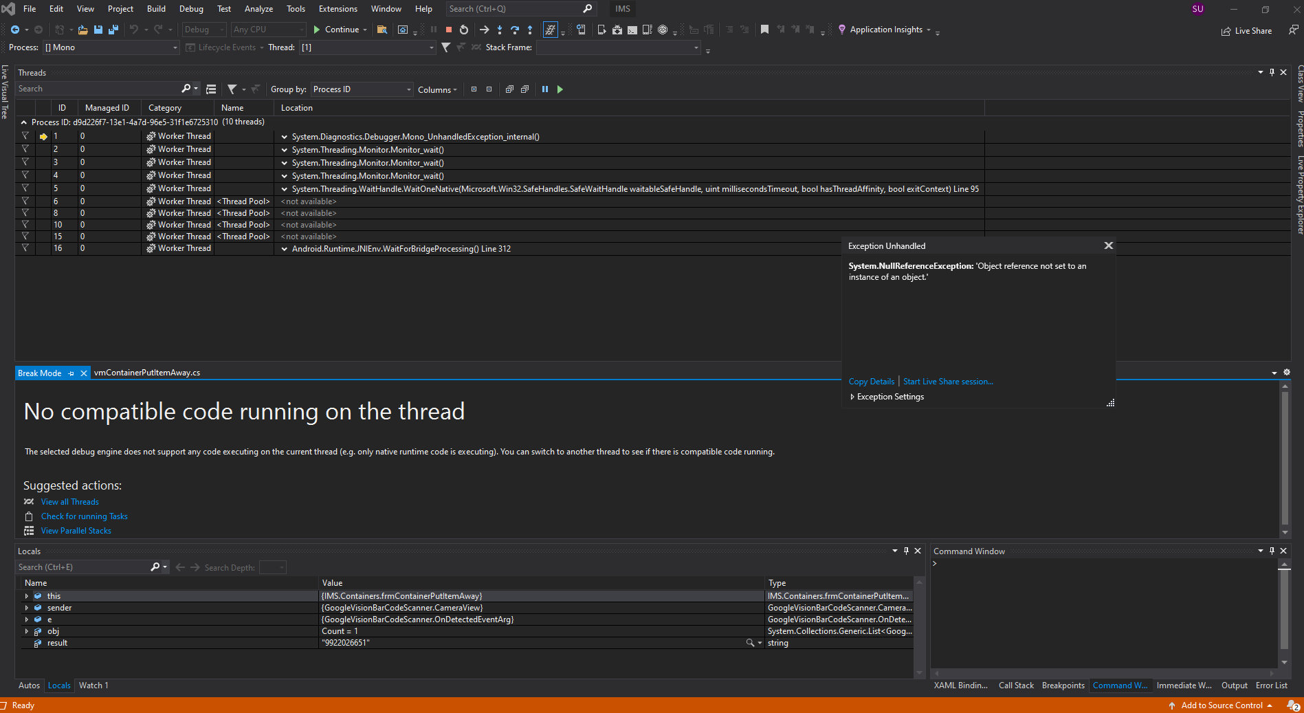 "No compatible code running on thread" error after "CameraView_OnDetected" finishes · Issue #73 ...