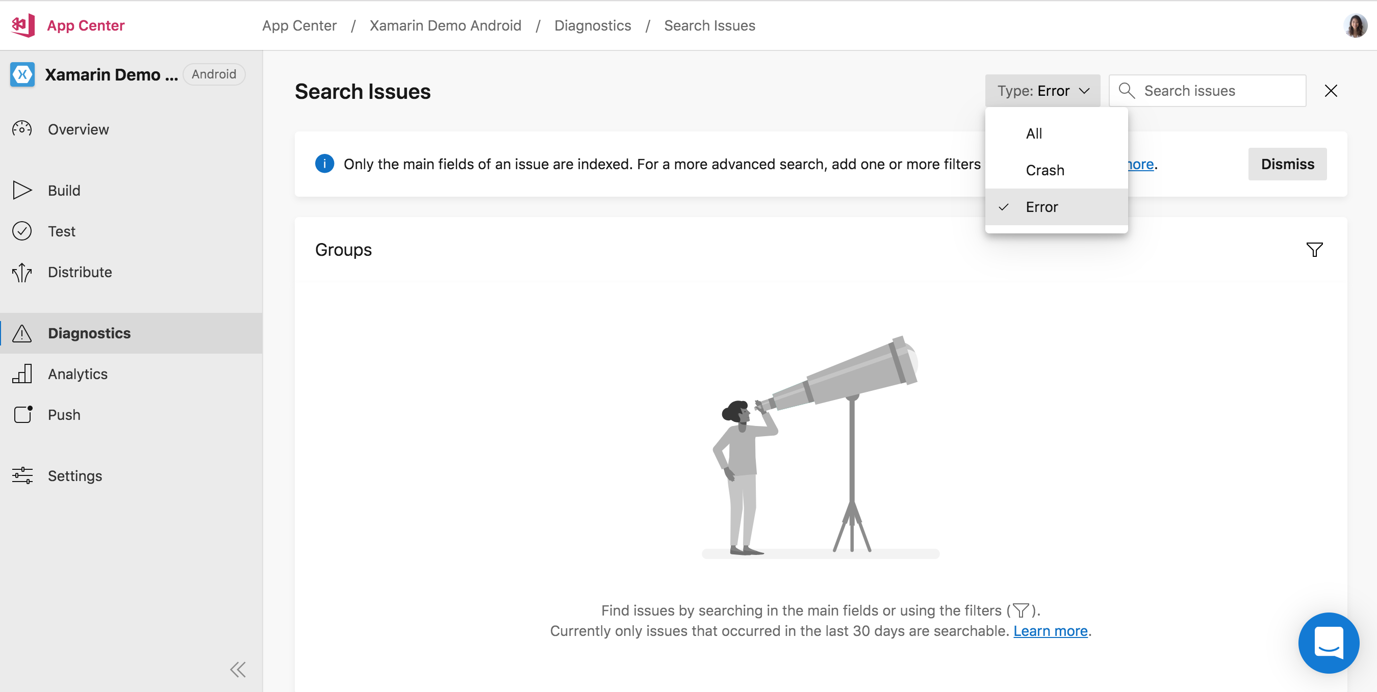 Search Errors same as Crashes · Issue #209 · microsoft/appcenter · GitHub
