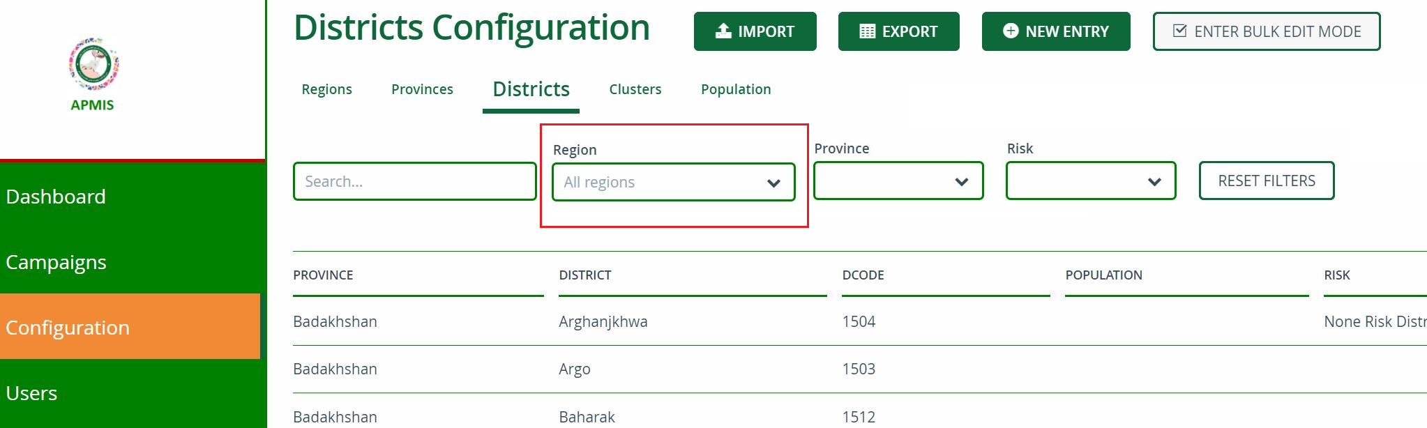 Add region filter to Configuration page · Issue #160 · AFG-Polio-Data/APMIS-Project · GitHub
