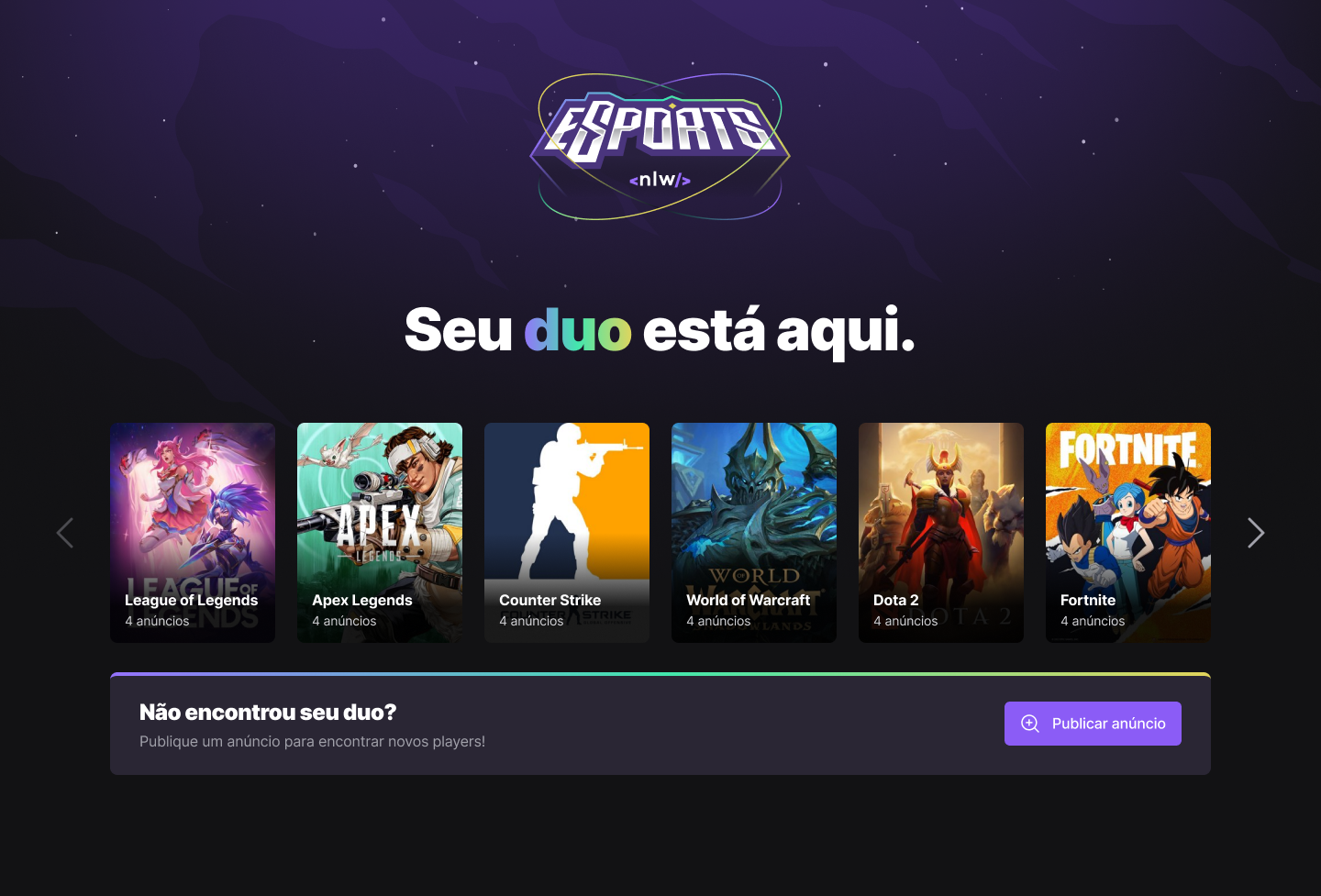 GitHub - JuniorCundari/nlw-esports-ignite: Next Level Week - eSports | Rocketseat